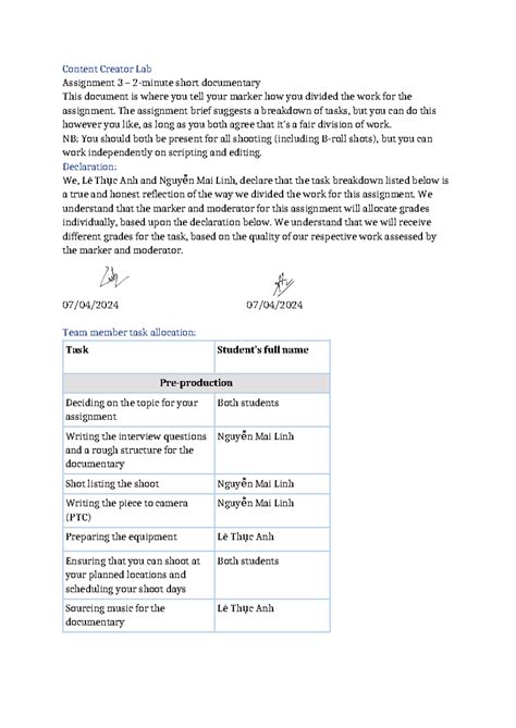 Team Member Tasks Content Creator Lab Assignment 3 2 Minute Short Documentary This Document