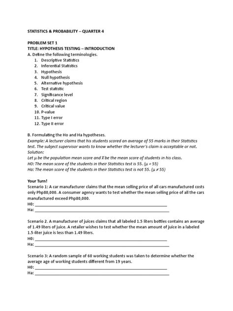 4th Qtr Problem Sets 1 3 Pdf P Value Scientific Theories