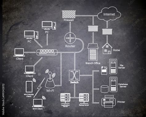 Vector Illustration Of A Network Diagram A White Lined Drawing Of Different Network Components