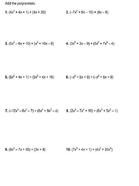 Addition Of Polynomials Practice Worksheet Pdf