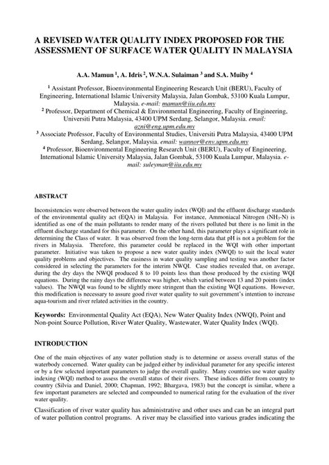 Pdf A Revised Water Quality Index Proposed For The Assessment Of Surface Water Quality In Malaysia