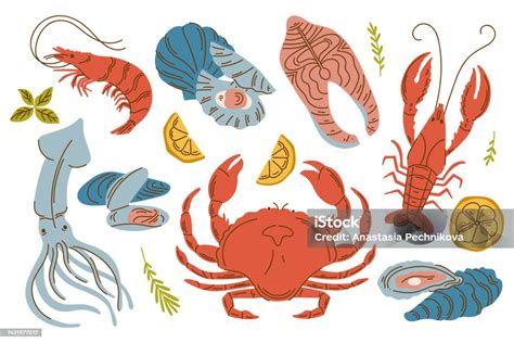 벡터 손으로 그린 해산물 세트 랍스터 연어 게 새우 문어 오징어 조개 레스토랑 판촉 시장 상점 전단지를위한 맛있는 메뉴 객체 컬렉션 게 해산물에 대한 스톡 벡터 아트 및