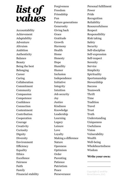 List Of Life Values
