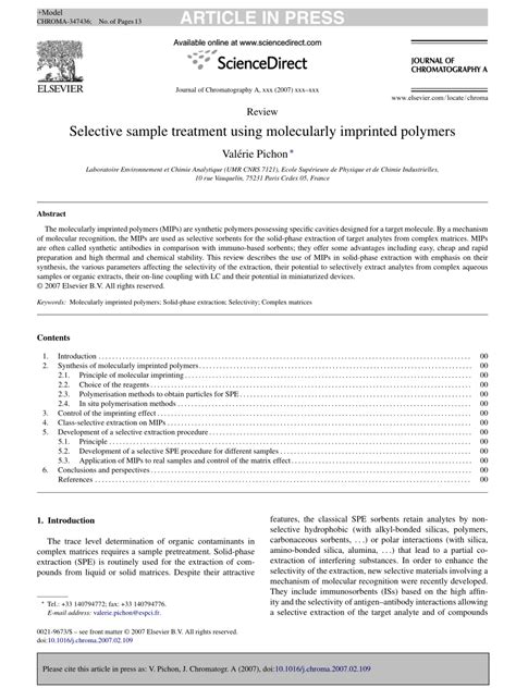 Pdf Selective Sample Treatment Using Molecularly Imprinted Polymers