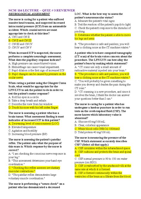 Neurological Assessment Neurological Assessment The Nurse Is Caring For A Patient Who
