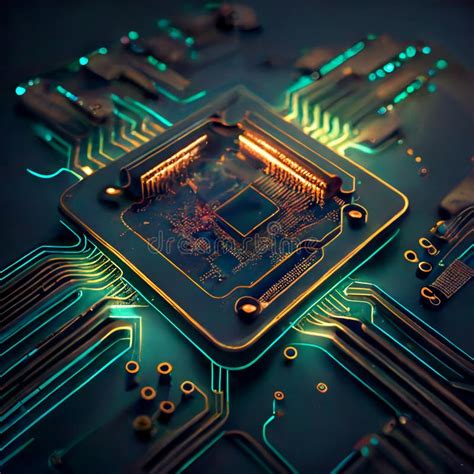 Microchip On The Motherboard With Glowing Eletronic Circuits Stock