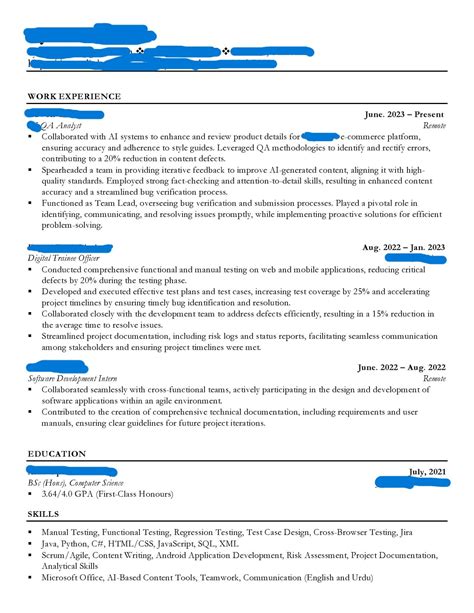 Resume Review For Entry Level Manual Qa Engineer Rresume