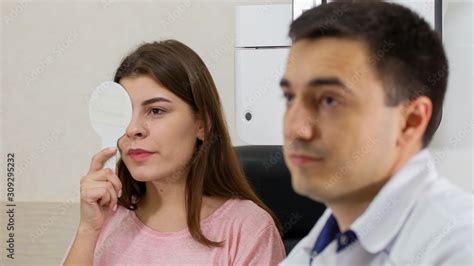 Ophthalmology Treatment Babe Woman Checking Her Visual Acuity Closing Her Eye With An Eye