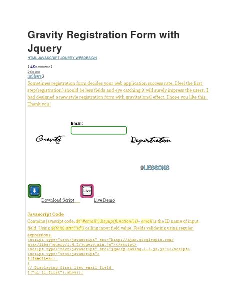 gravitational registration form a jquery registration form with field