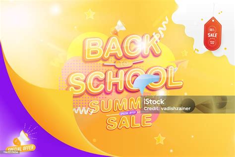 배너 다시 학교에 여름 판매 50 종이 비행기와 라우드 스피커텍스트 효과 빛 효과와 배경에 축제 포스터 플랫 벡터 일러스트