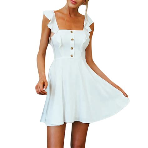 Women Summer Sleeveless White Mini Dress Square Neck Ruffles Sleeveless