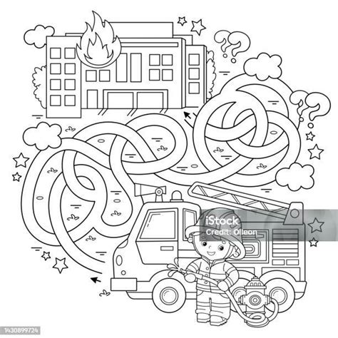 미로 또는 미로 게임 수수께끼 얽힌 도로 색칠 공부 페이지 개요 만화 소방관 또는 소방관과 소방차 소방 아이들을위한 색칠 공부 책 교육에 대한 스톡 벡터 아트 및 기타