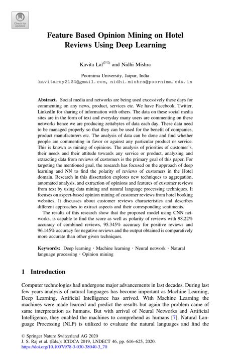 Pdf Feature Based Opinion Mining On Hotel Reviews Using Deep Learning