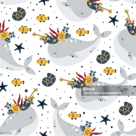 흰색 배경에 고래와 꽃원활한 패턴 벡터 일러스트 레이션 Eps 겨울에 대한 스톡 벡터 아트 및 기타 이미지 겨울 0명 귀여운 Istock