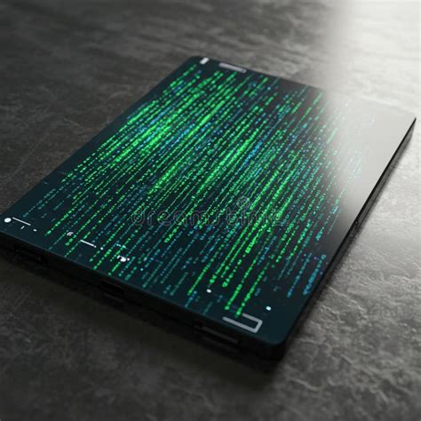 A Sleek Black Electronic Device Displays Cascading Green And Blue Code
