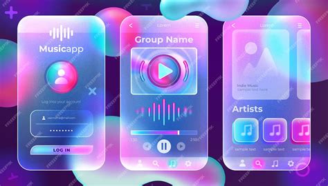 Glassmorphism Ui 음악 애플리케이션의 디자인 모바일 Ui 키트 프로스트 된 아크릴 모바일 앱 ⁇ 터 템플릿과 Ux 보라색 그라디언트 화면 사용자 인터페이스와