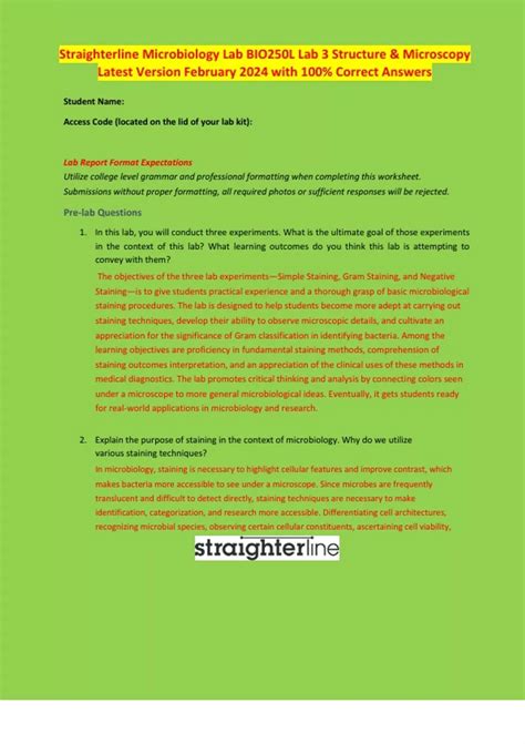Straighterline Microbiology Lab BIO250L Lab 3 Structure Microscopy Latest Version February