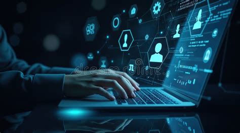Futuristic Digital Interface With Hands Typing On Laptop Stock