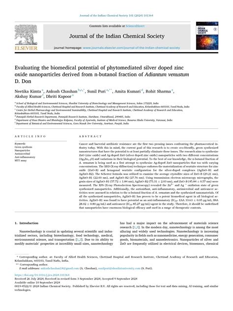 A Recent Publication Evaluating The Biomedical Potential Of Phytomediated Silver Doped Zinc