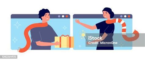 온라인 선물 남자는 현재의 여자 깜짝 서비스를 제공합니다 웹 홀리데이 크리스마스 축제 국제 배달 원격 소포 배송 벡터 일러스트레이션 개념에 대한 스톡 벡터 아트 및 기타