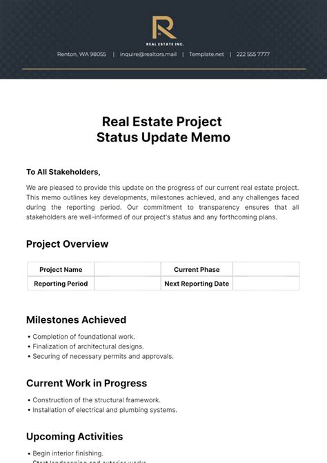 Free Real Estate Project Status Update Memo Template To Edit Online
