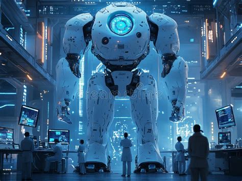 A Giant Cyborg Robot Being Assembled In High Tech Lab Artificial