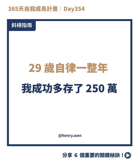 亨利溫｜斜槓 X 理財 X 自媒體教練 29歲的我，在運用6個關鍵秘訣，自律斜槓一整年後，居然多存了250萬！怎麼做到的？ 秘訣1 強化