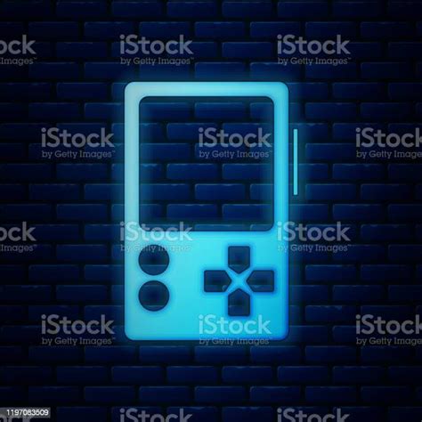 빛나는 네온 휴대용 비디오 게임 콘솔 아이콘 벽돌 벽 배경에 격리 게임 패드 기호입니다 게임 개념 벡터 일러스트레이션 Brand