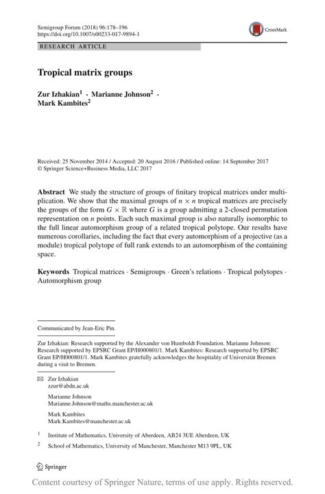 Tropical Matrix Groups Request Pdf