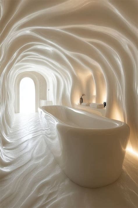 Futuristic Spa Hallway Smooth Flowing White Architectural Curves Ambient Lighting Representing
