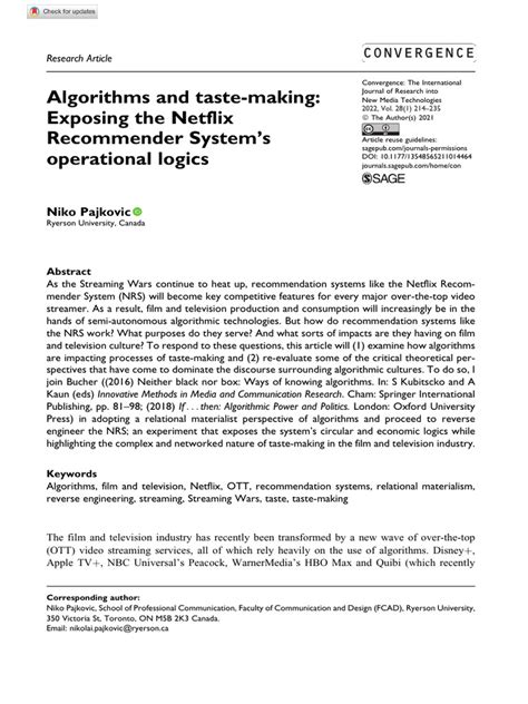 Pajkovic 2021 Algorithms And Taste Making Exposing The Netflix Recommender System S Operational