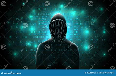 Silhouette Of A Hacker In A Hood With Binary Code On A Luminous