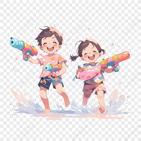 아이들은 물 싸움 여름 만화 일러스트와 함께 행복 재생여섯 하나소녀 Png 일러스트 무료 다운로드 Lovepik