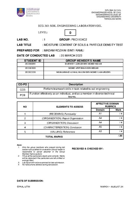 LAB Report ECG263 Moisture Content Of Soils Particle Density Test PKA UiTM MARCH AUGUST 24