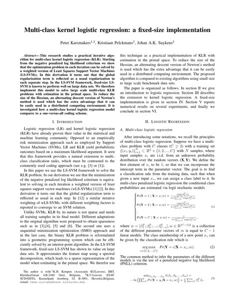 Pdf Multi Class Kernel Logistic Regression A Fixed Size Implementation