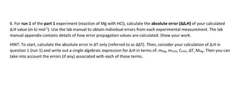 solved 6 for run 1 of the part 1 experiment reaction of mg