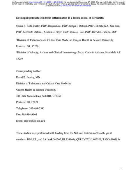 Pdf Eosinophil Peroxidase Induces Inflammation In A Mouse Model Of Dermatitis Quinn Carter