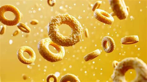 Cheerios Flying Toward The Camera Over A Yellow Background 54081928