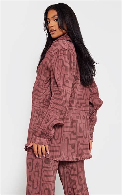 Tall Brown Squiggle Plisse Oversized Shirt Tall Plt