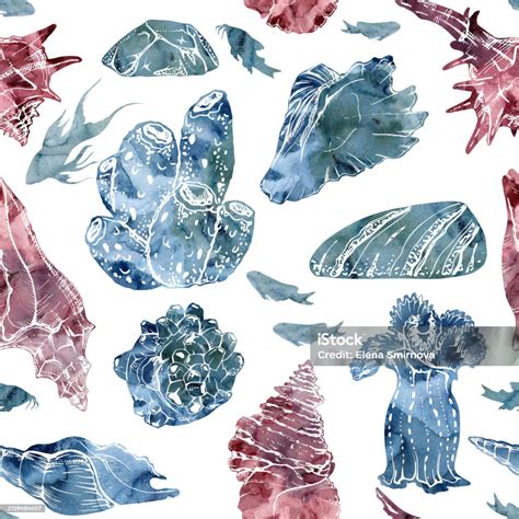 수채화와 잉크 손으로 그린 해양 생물 바다 바다 수중 생물 물고기 조개 조류 해초 완벽 한 패턴 그림 양식화 흰색에 고립되어