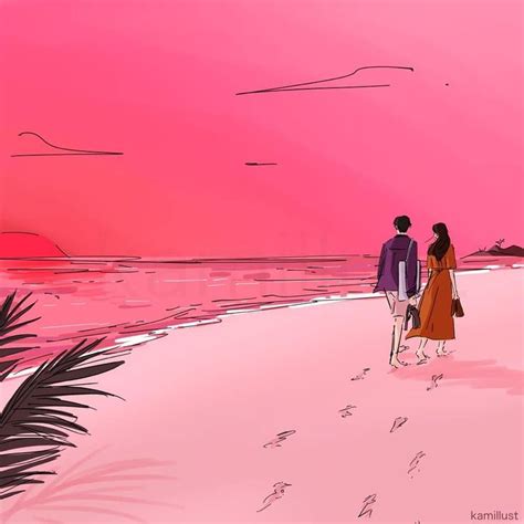 핑크빛 해변 바다 해변 커플 일러스트 디지털드로잉 그림 드로잉 사랑 연인 감성 감성일러스트 Drawing Illustration Illust