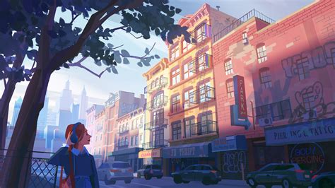 Yingshiart Original Absurdres Highres Girl Architecture Bag Blue Sky Brown Hair