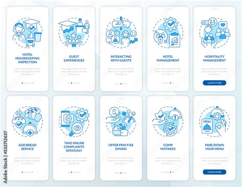 Hotel And Restaurant Management Blue Onboarding Mobile App Screen Set