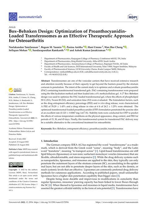 Pdf Box Behnken Design Optimization Of Proanthocyanidin Loaded Transferosomes As An Effective