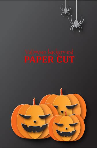 할로윈 일러스트 배너 포스터 종이 컷 예술의 스타일로 디자인 검은 배경에 거미와 호박 텍스트의 장소 가을에 대한 스톡 벡터 아트