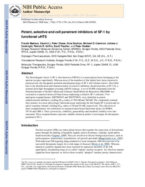 Pdf Potent Selective And Cell Penetrant Inhibitors Of Sf1 By Functional Ultra High Throughput