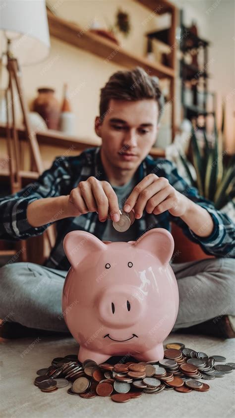 Young Man Counting Coins To Save In Piggy Bank Premium Ai Generated Image