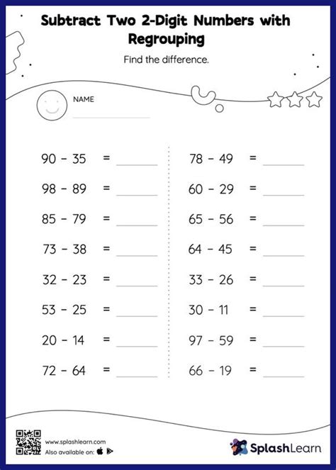 Subtract Two 2 Digit Numbers With Regrouping Vertical Subtraction Math Worksheets Splashlearn