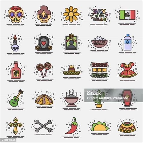 아이콘 세트 죽은 자의 날 죽은 자의 날 축하 요소 Mbe 스타일의 아이콘입니다 인쇄 포스터 로고 파티 장식 인사말 카드 등에 적합합니다 0명에 대한 스톡 벡터 아트 및