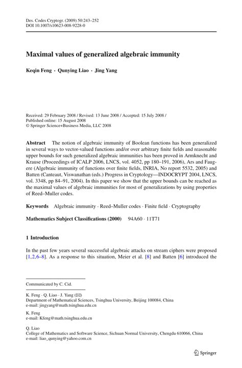Pdf Maximal Values Of Generalized Algebraic Immunity
